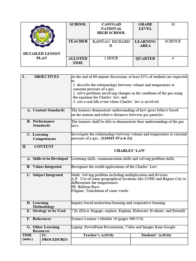 Charles' Law Lesson Plan Overview | PDF | Gases | Learning