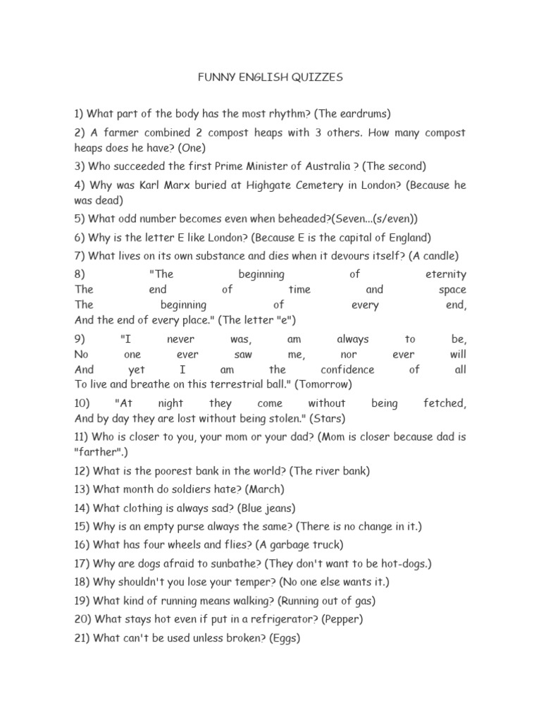 Funny English Quizzes | PDF | Travel | Art
