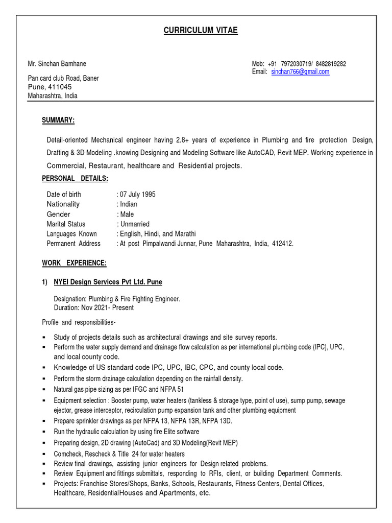 Summary:: Curriculum Vitae | PDF | Plumbing