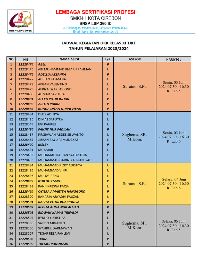 Jadwal Dan Daftar Assesor Xi TJKT 2024 LSP | PDF Jadwal Dan Daftar Assesor Xi TJKT 2024 LSP | PDF