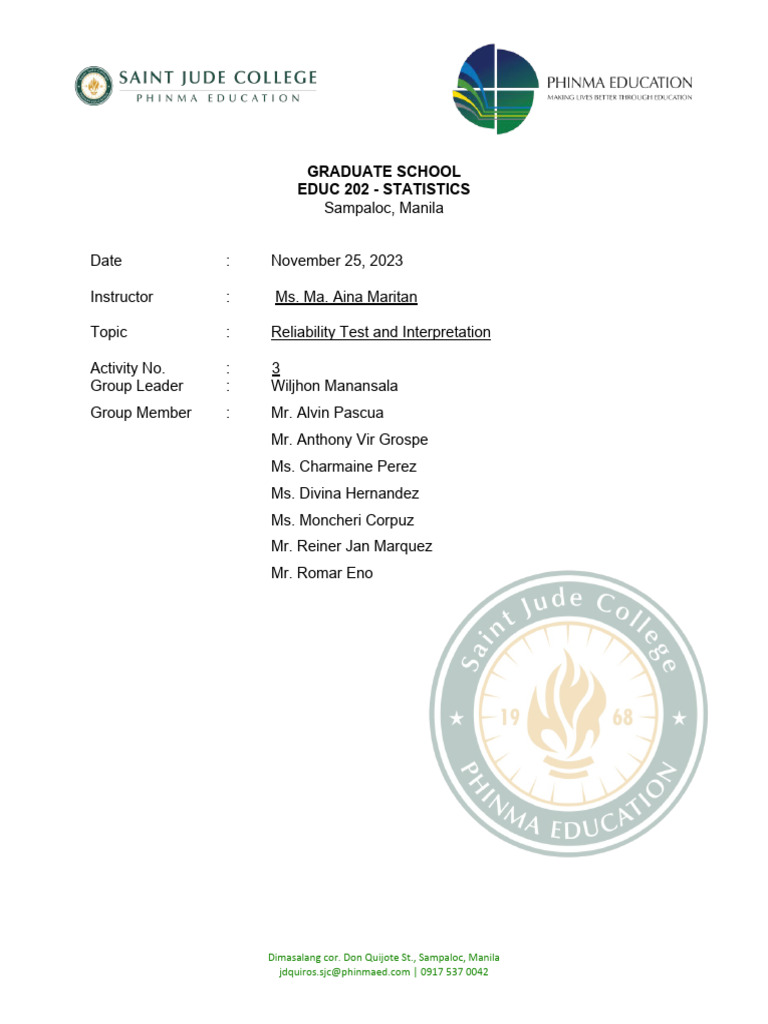 Statistics Activity 3 - Reliability Test and Interpretation | PDF ...