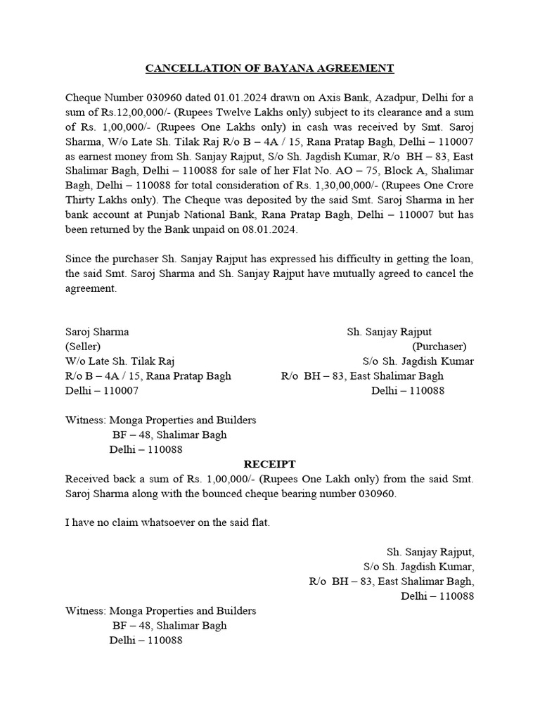 Cancellation of Bayana Agreement | PDF