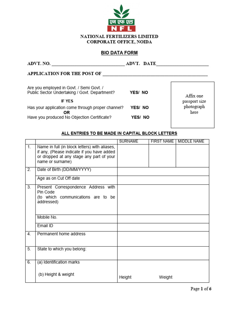 NFL Job Application Biodata Form | PDF | Justice | Crime & Violence