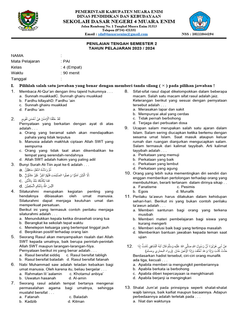 Soal Dan Kunci Jawaban UTS Kls 4 SMTR 2 | PDF