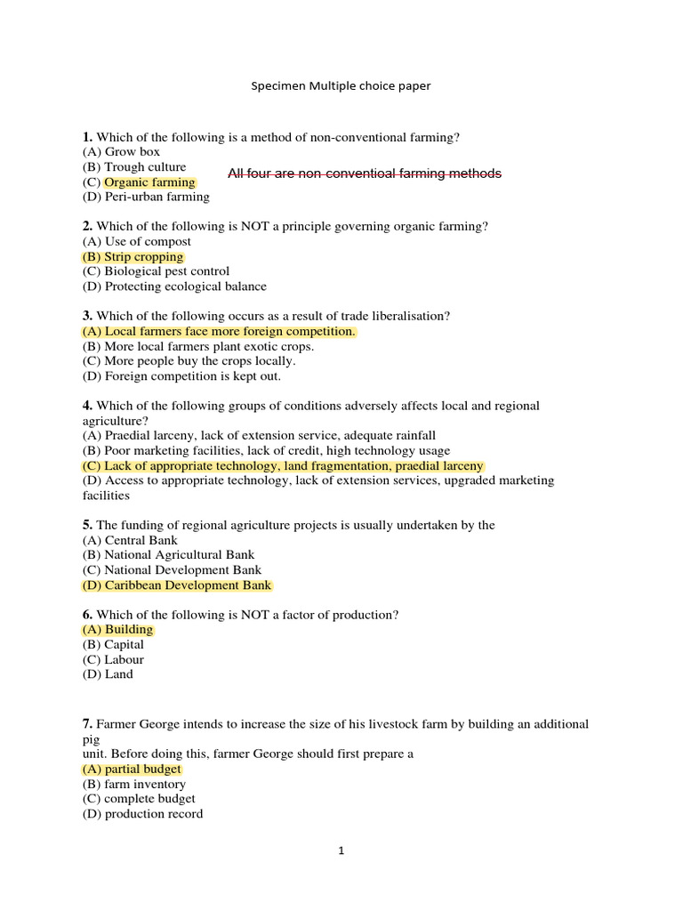 Specimen Multiple Choice Paper-Answers | Download Free PDF | Demand | Agriculture