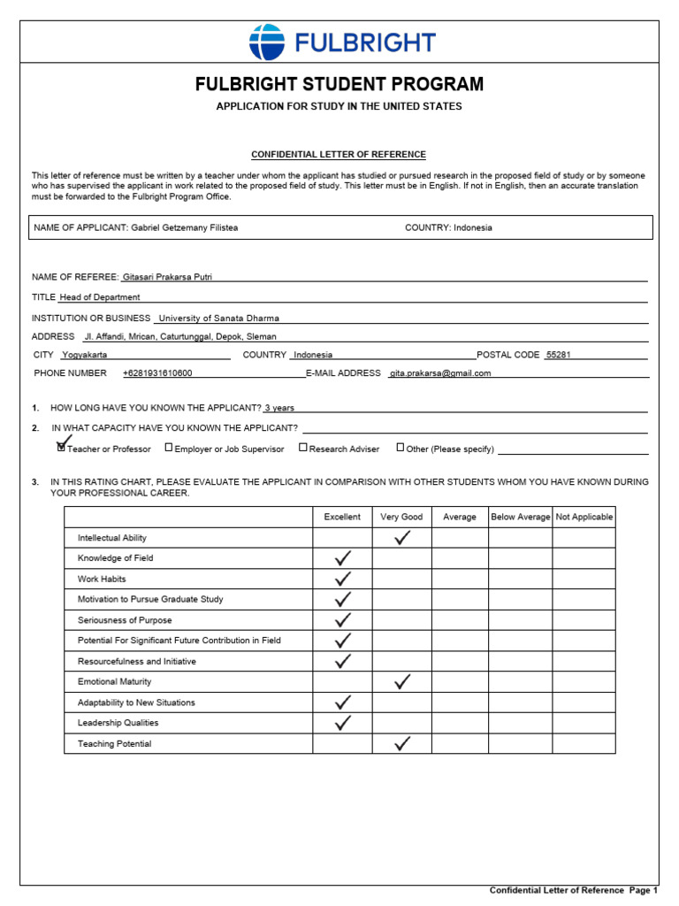 Fulbright Letter of Reference Form | PDF | Leadership | Cognition