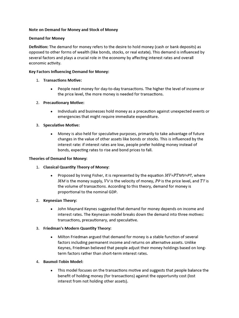 Note On Demand For Money and Stock of Money | PDF | Money Supply ...