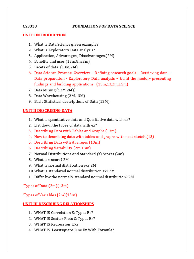 Fds All Units Questions Pdf Data Analysis Regression Analysis 