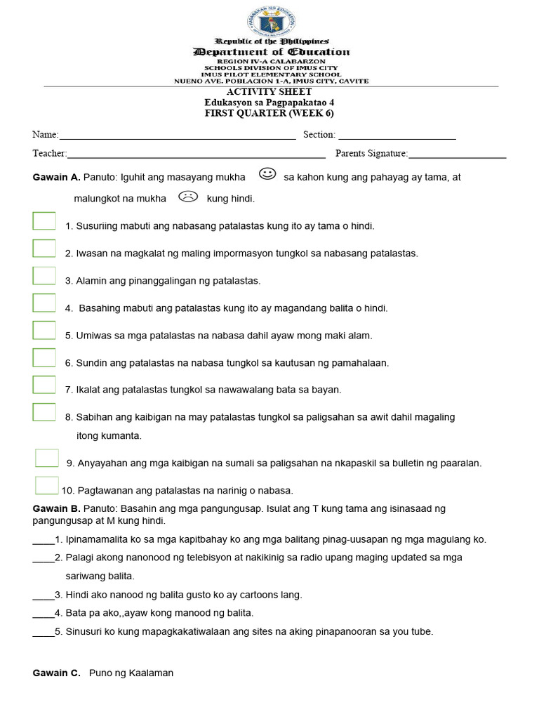 ESP 4 Activity Sheet Q1 Week 6 | PDF