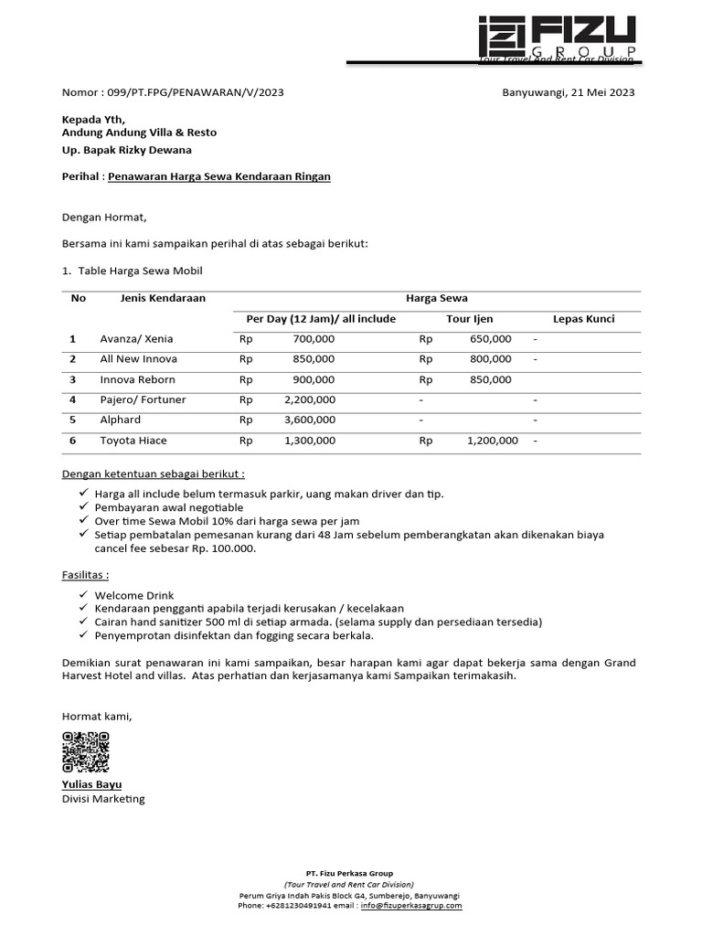 Penawaran Sewa Kendaraan Andung Andung | PDF