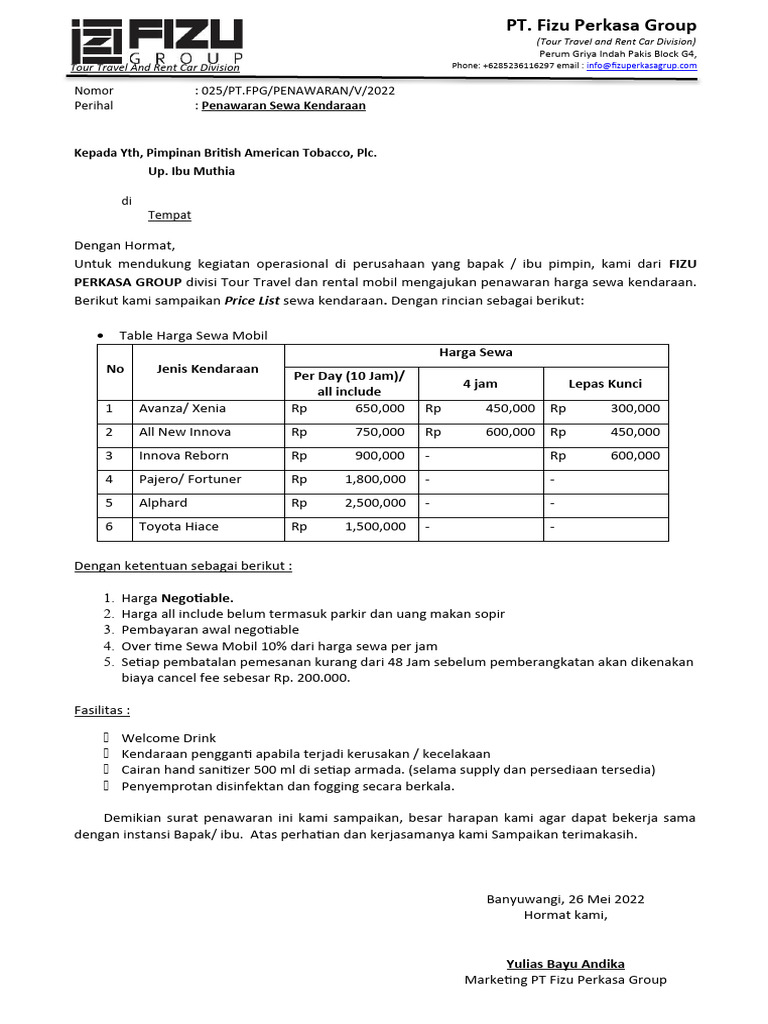Penawaran Sewa Kendaraan PT British American Tobacco | PDF
