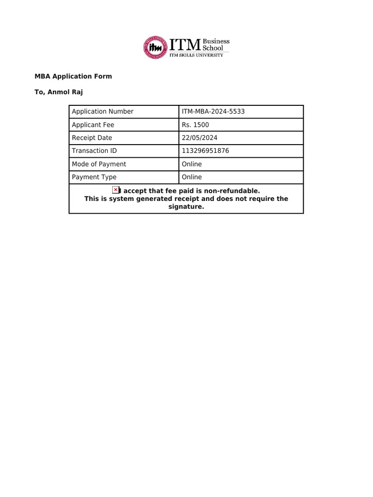 Acknowledgement Receipt ITM MBA 2024 5533 | PDF
