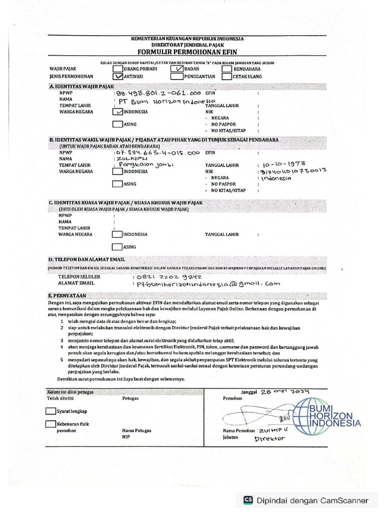 Form Permohonan Efin PT Bumi Horizon Indonesia | PDF