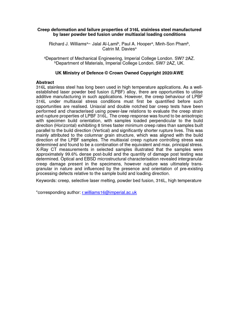 Creep Deformation and Failure Properties of 316L Stainless Steel ...