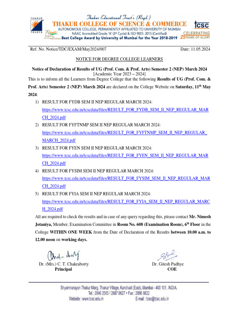 Notice For Declaration of Result of UG (Prof. Com. & Prof. Arts ...