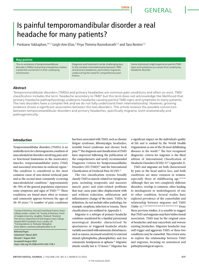 (BDJ) RENTON 2024. Connection between TMJ disorder & headache | PDF ...