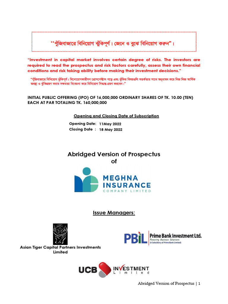 Meghna Insurance IPO Prospectus Summary | PDF | Revenue | Insurance