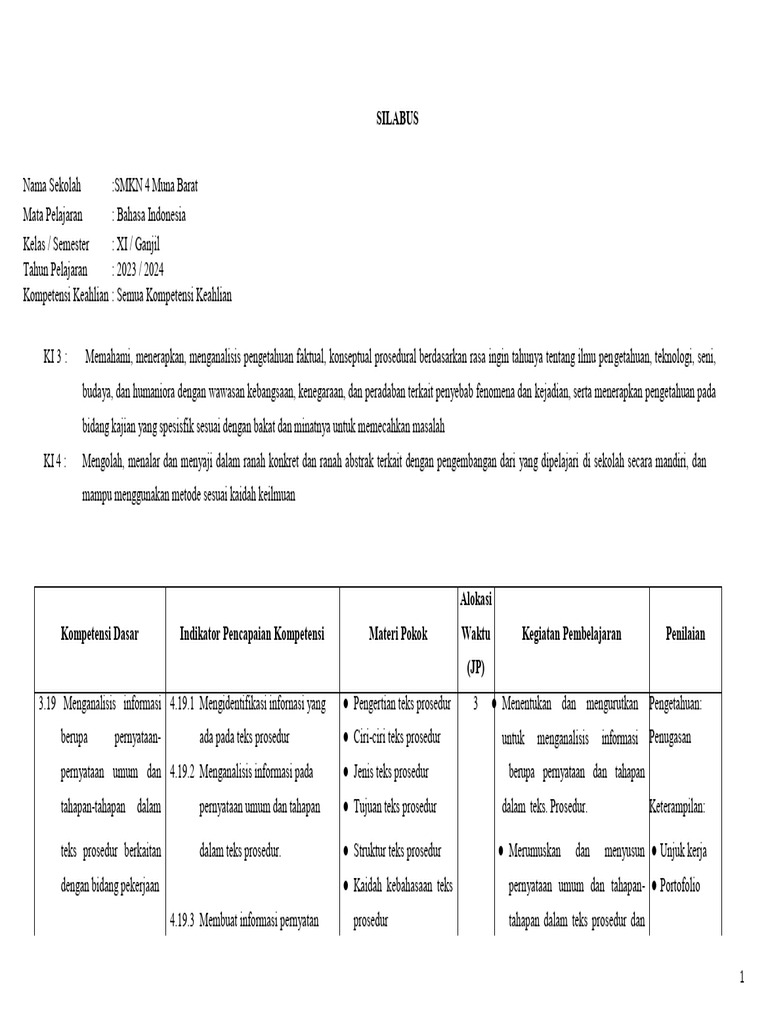 Silabus Bahasa Indonesia Kelas 11 SMT Ganjil Genap 2023-2024 | PDF