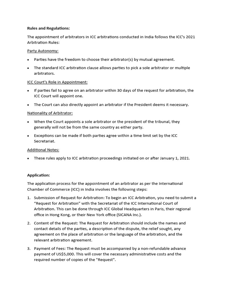 Research on appointment of arbitrator as per the ICC in India. Along ...
