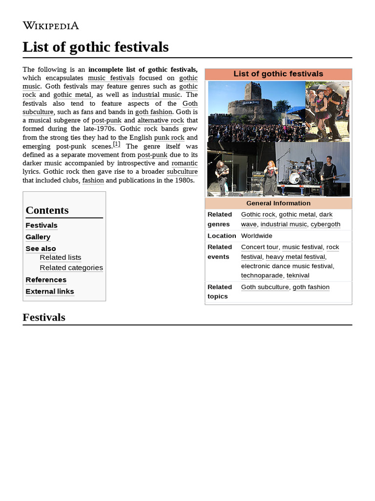 List of Gothic Music Festivals | PDF | Rock Music | Musical Subgenres