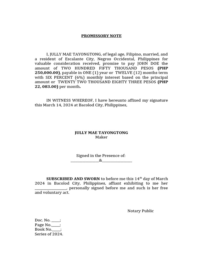 Promissory Note for Marriage Loan | PDF