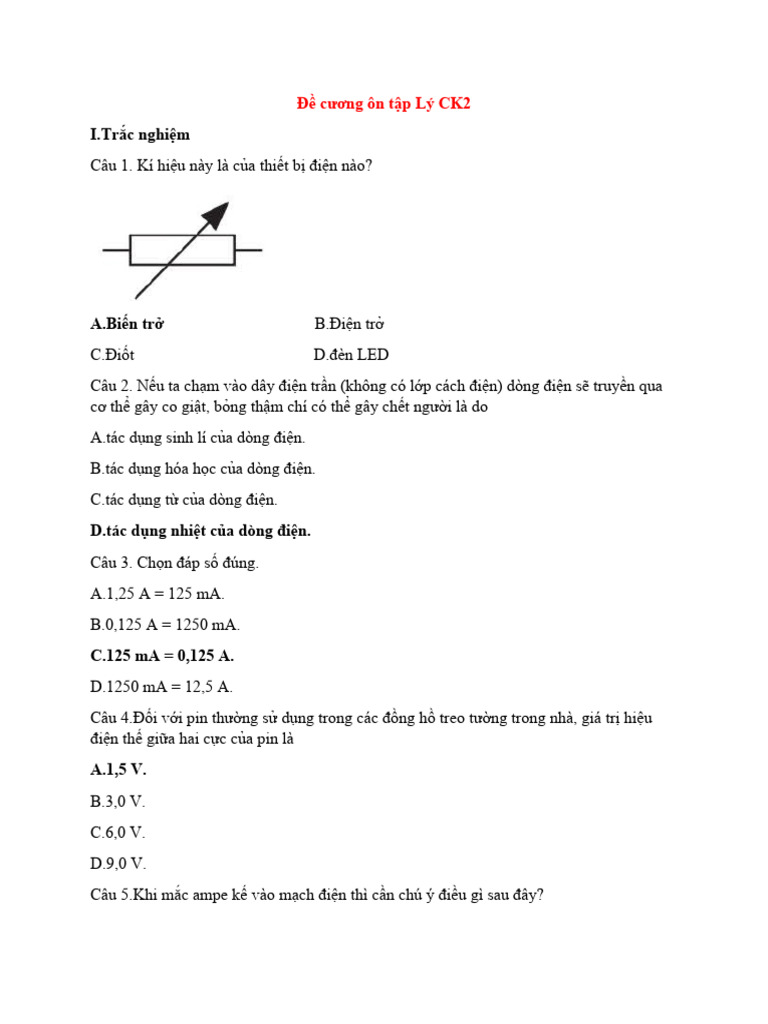 Đề cương ôn tập Lý CK2 8 | PDF