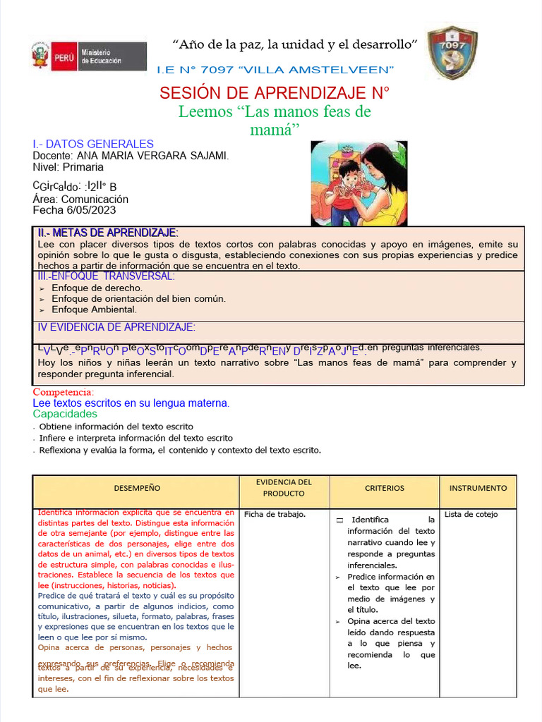 PDF Sesion Plan Lector Las Manos Feas de Mama | PDF | Aprendizaje ...
