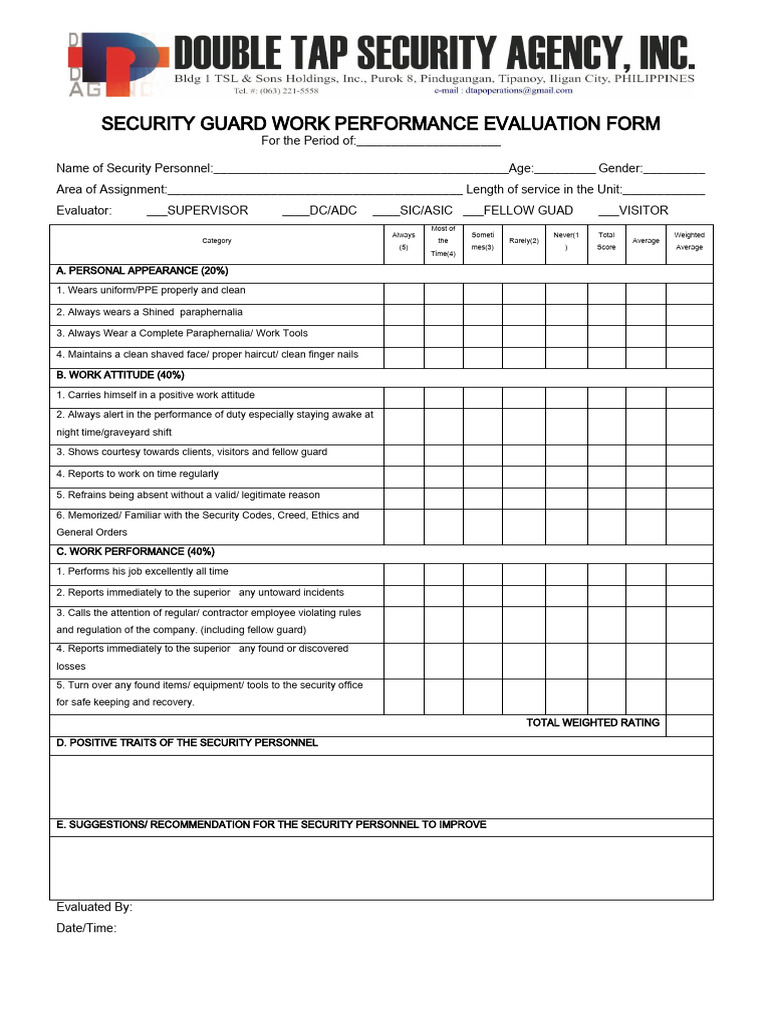 Scty Perf Eval Form | PDF