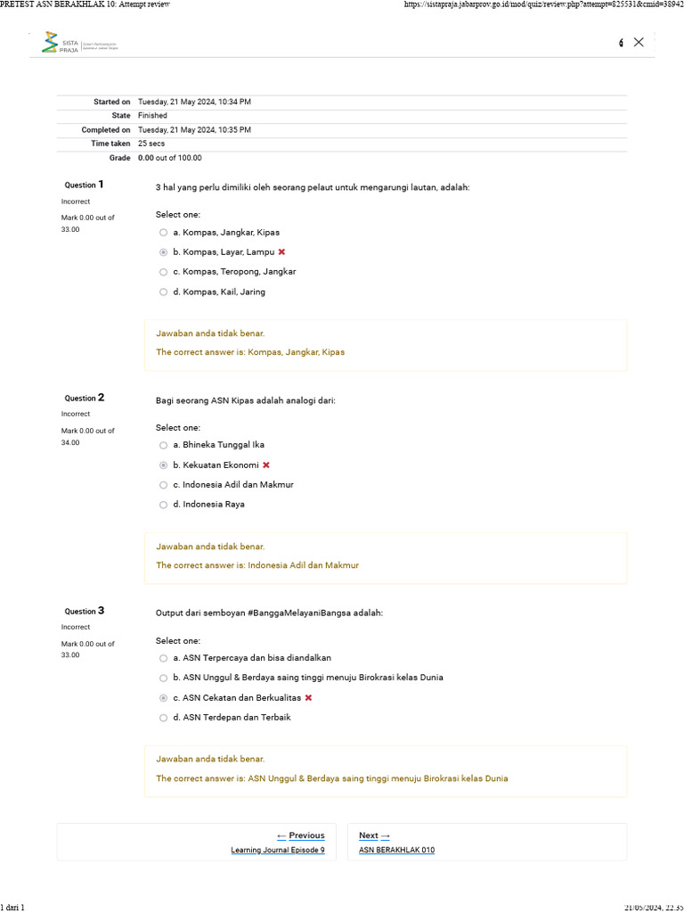 PRETEST ASN BERAKHLAK 10 Attempt Review | PDF