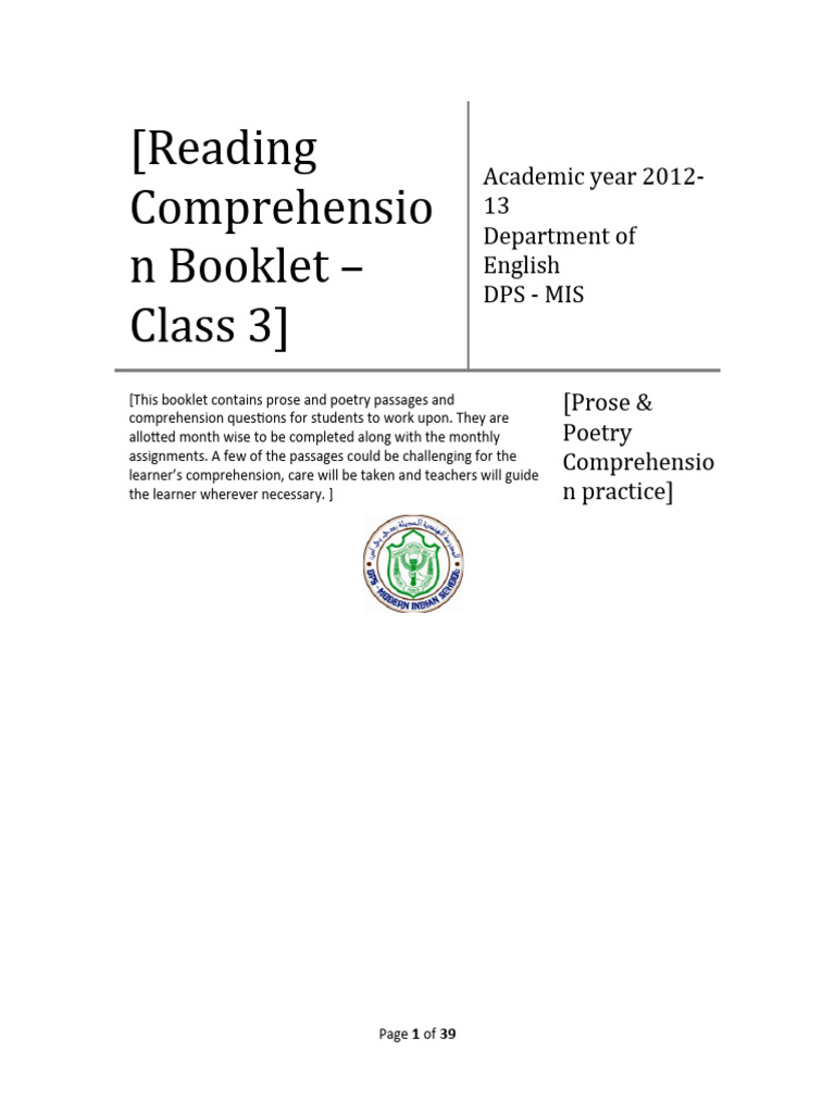 Class 3 Reading Comprehension Booklet | PDF | Home & Garden | Art