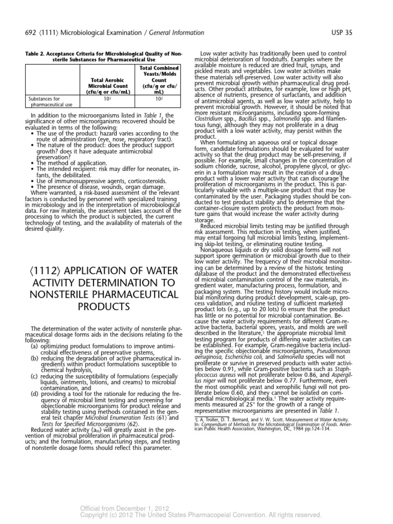 Usp 1112 Application of Water Activity Determination To Nonsterile ...