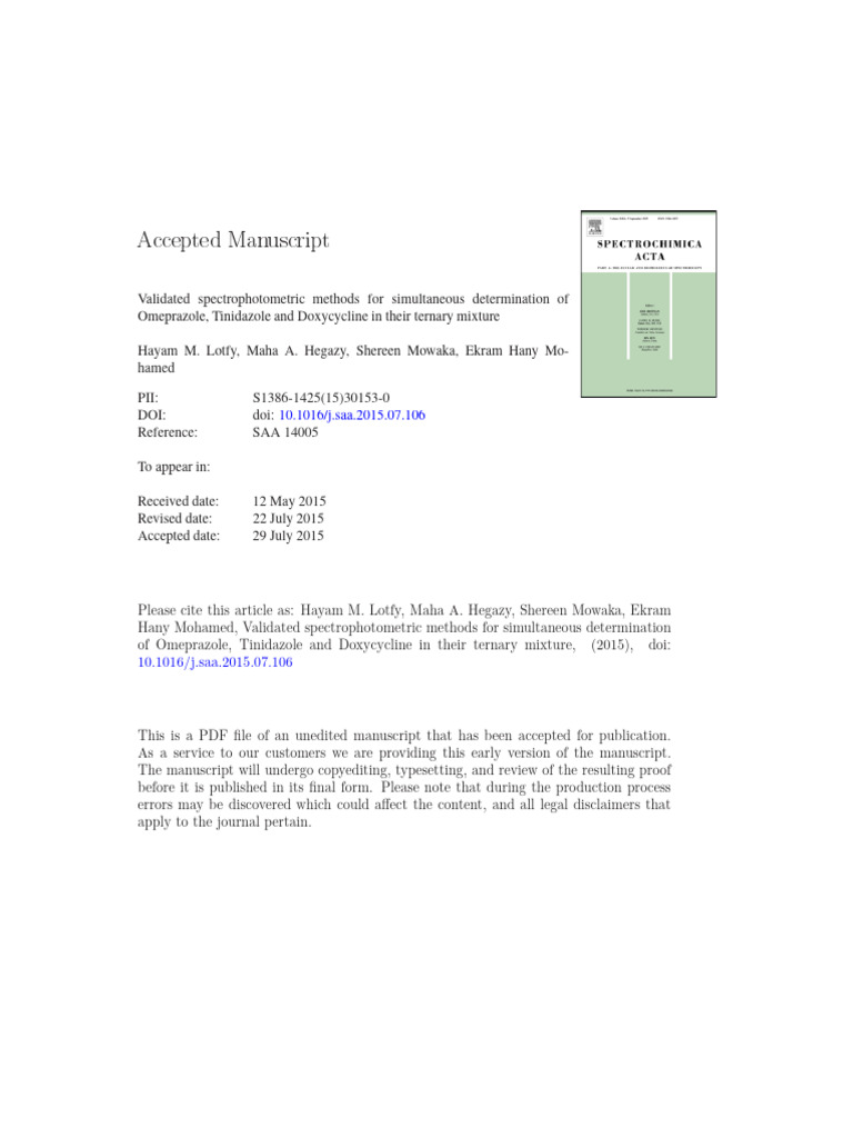 Validated Spectrophotometric Methods For Simultaneous Determination Pdf Absorption