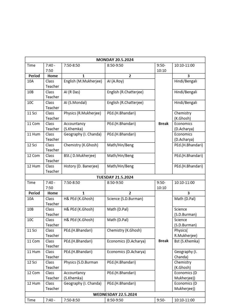 Class Routine From 20 5 24 To 31 5 24 Pdf Science