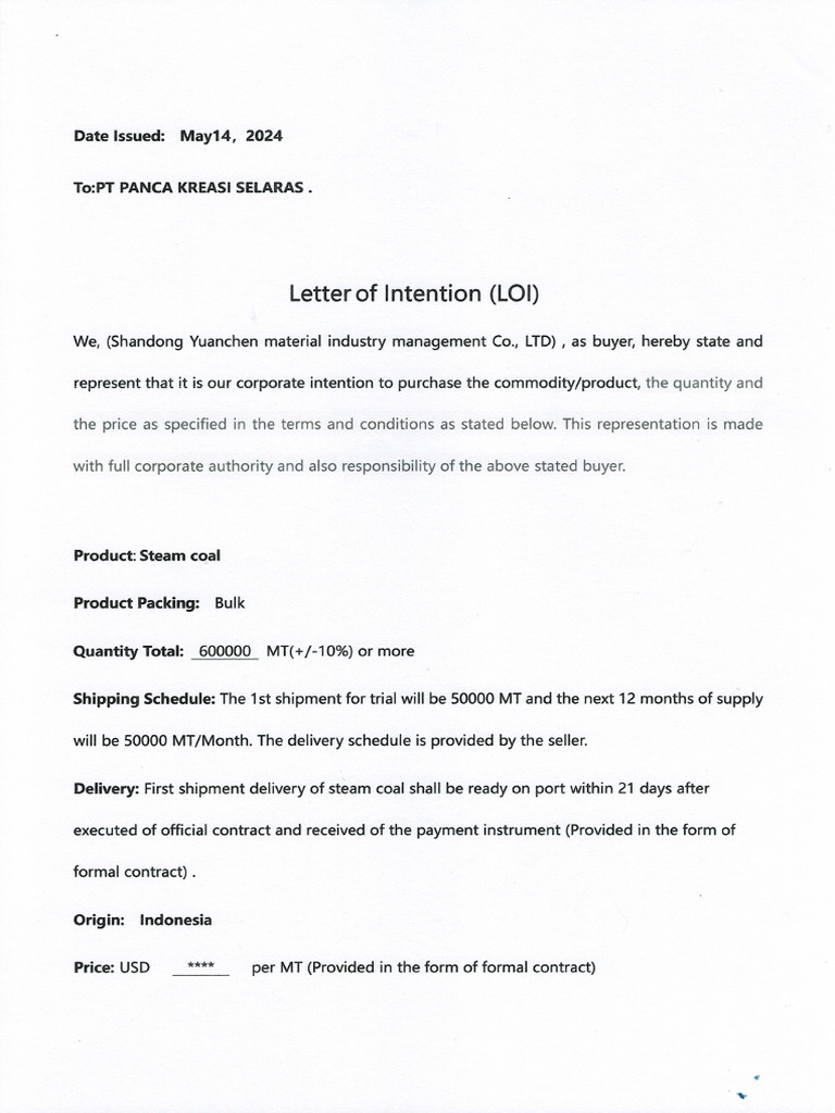 Letter of Intention (LOI)-PT PANCA KREASI SELARAS . | PDF