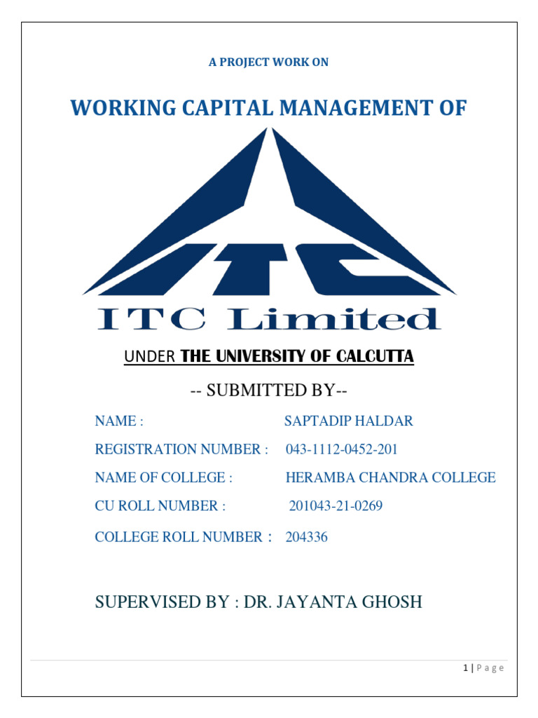 A Project Work On ITC Ltd. | PDF | Working Capital | Investment Management