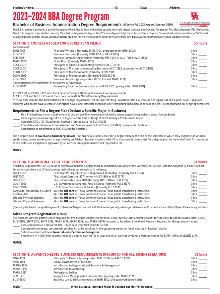 2023-2024-BBA-Degree-Plan | PDF | Supply Chain Management | Human Resource Management