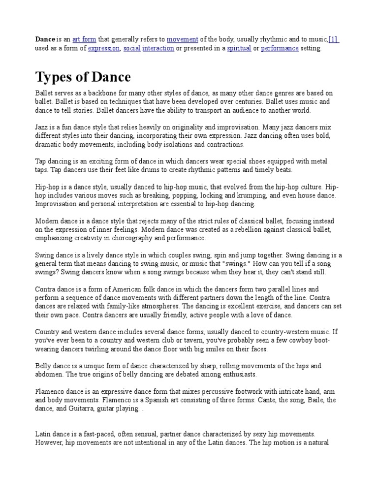 Types of Dance: Art Form Movement (1) Expression Social Interaction ...