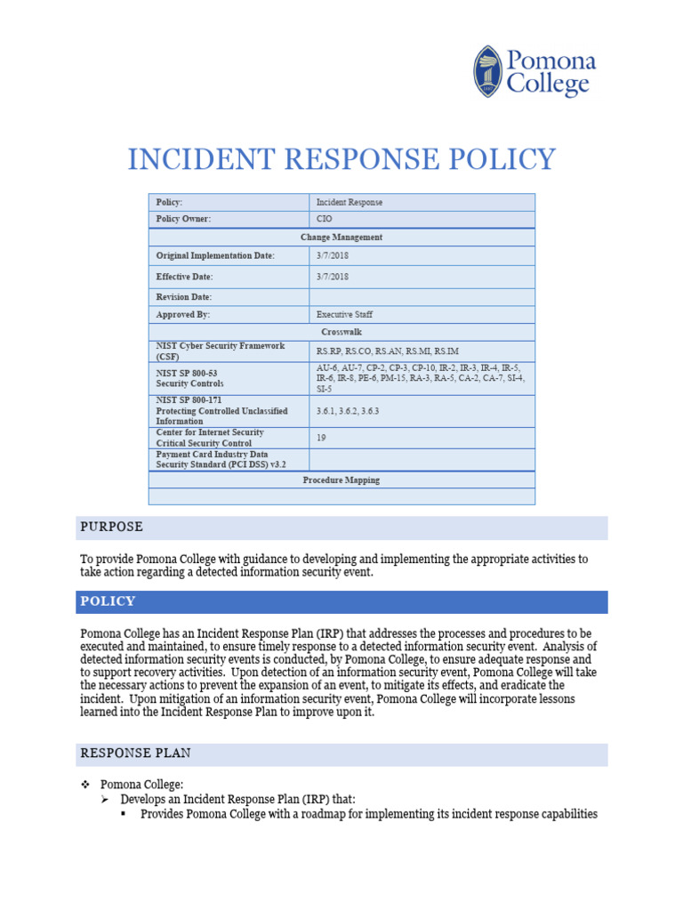 Pomona College Incident Response Policy | PDF | Computer Security ...