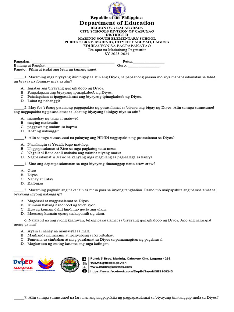4TH Periodical Exam Esp 2 | PDF