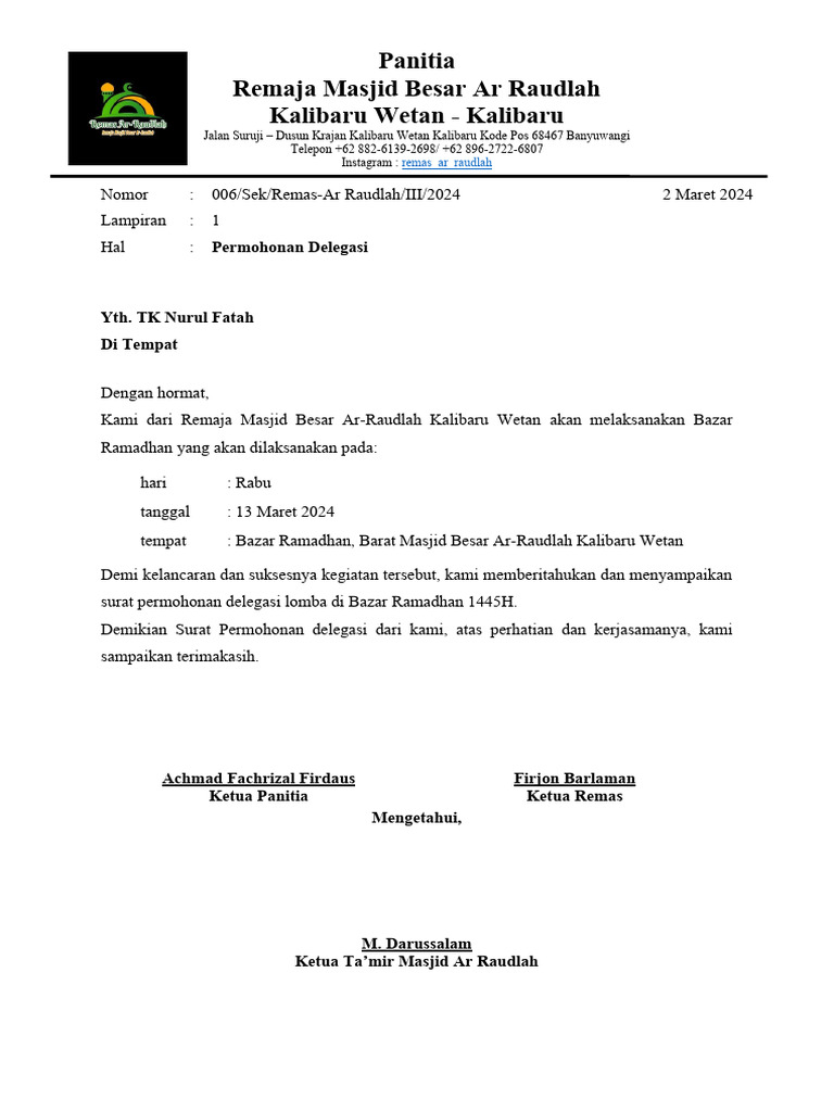 Surat Delegasi Lomba Remas - 1 | PDF