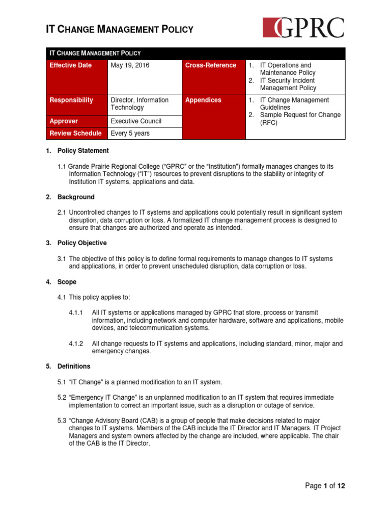 IT Change Management Policy | PDF | Information Technology ...