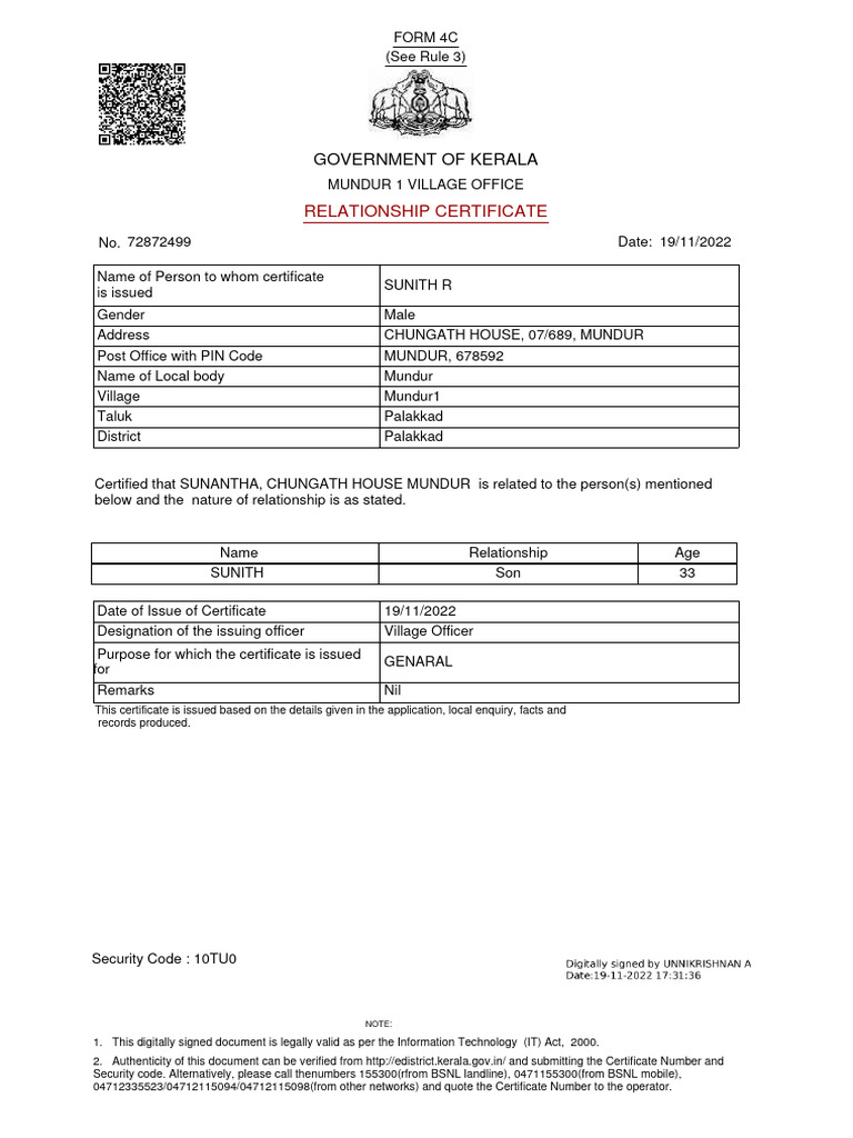 Relationship Certificate: Government of Kerala | PDF
