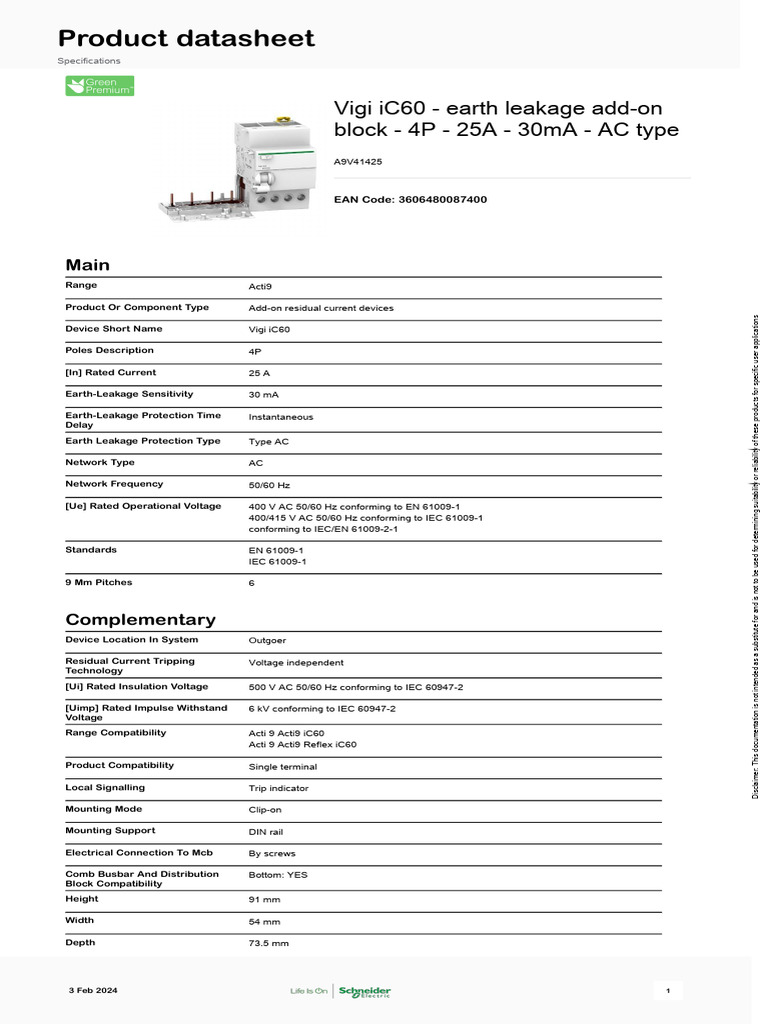 Schneider Electric - Miniature-Circuit-Breaker-Acti9-iC60 - A9V41425 | PDF | Alternating Current ...