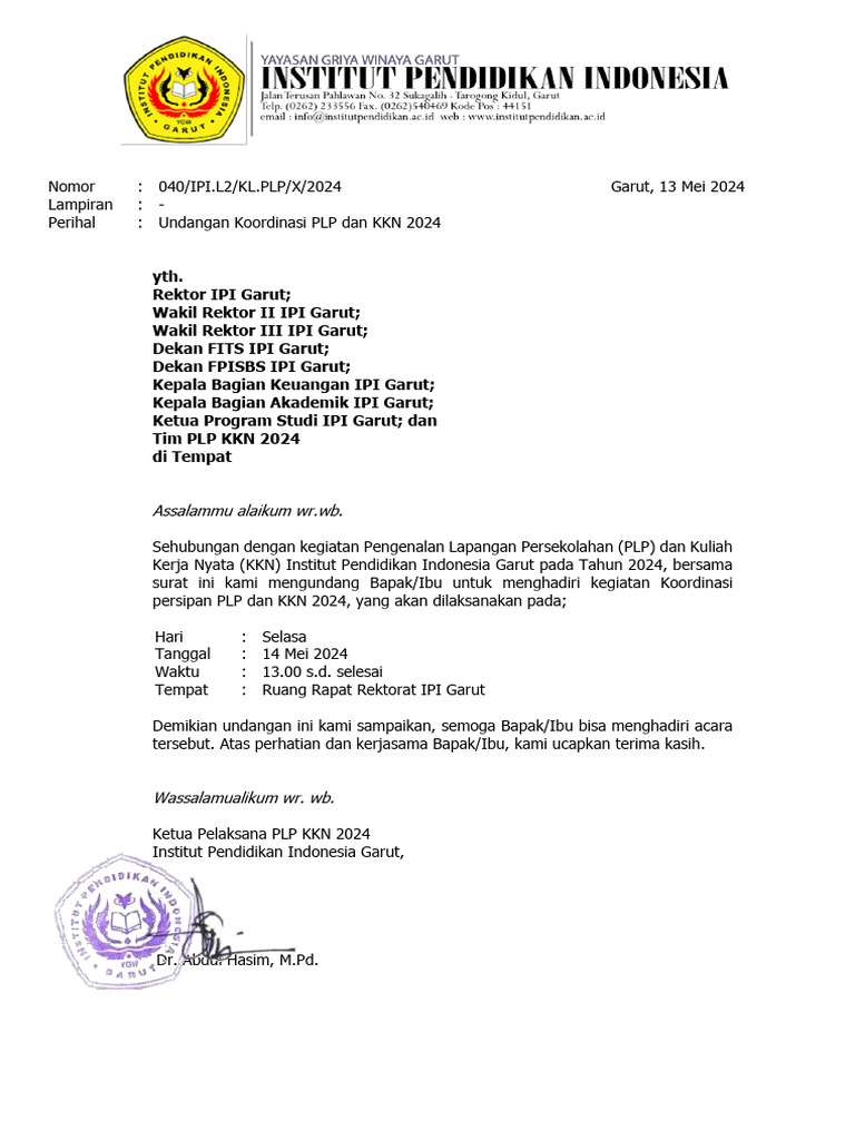 Undangan Koordinasi PLP KKN 2024 | PDF