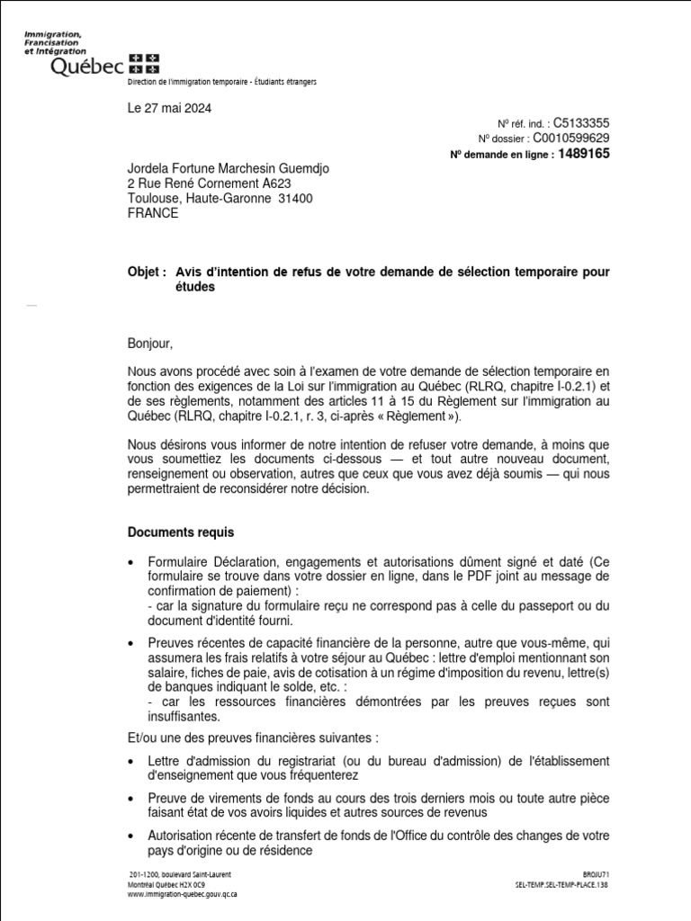 Refus de demande d'études au Québec | PDF | Banques | Québec