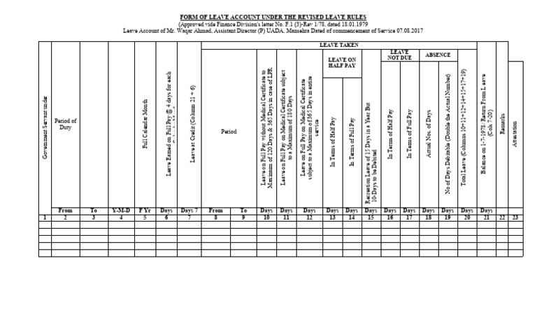 FORM OF LEAVE ACCOUNT Proforma Waqar SB 21 02 2023 | PDF