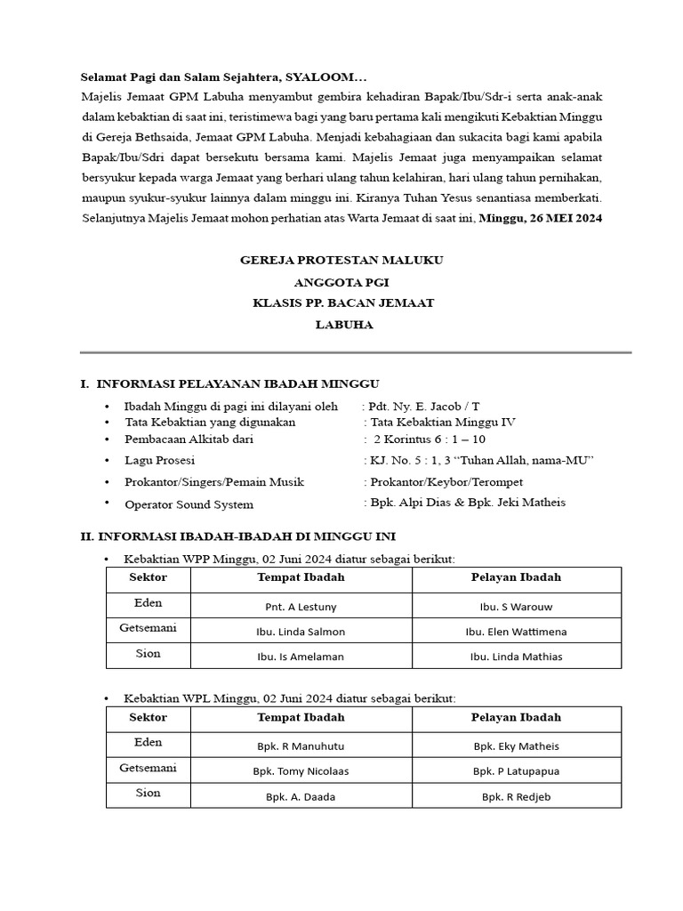 Warta Jemaat GPM Labuha 26 Mei 2024 | PDF
