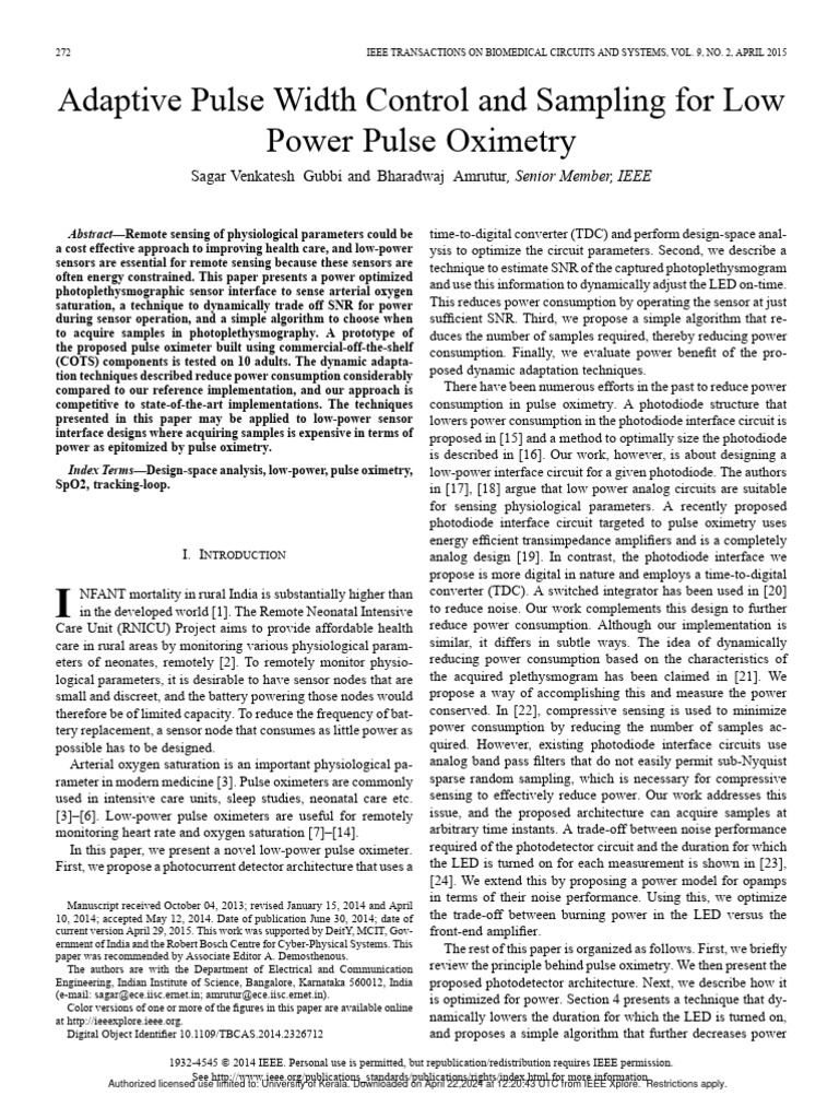 Adaptive Pulse Width Control and Sampling For Low Power Pulse Oximetry | PDF | Operational ...