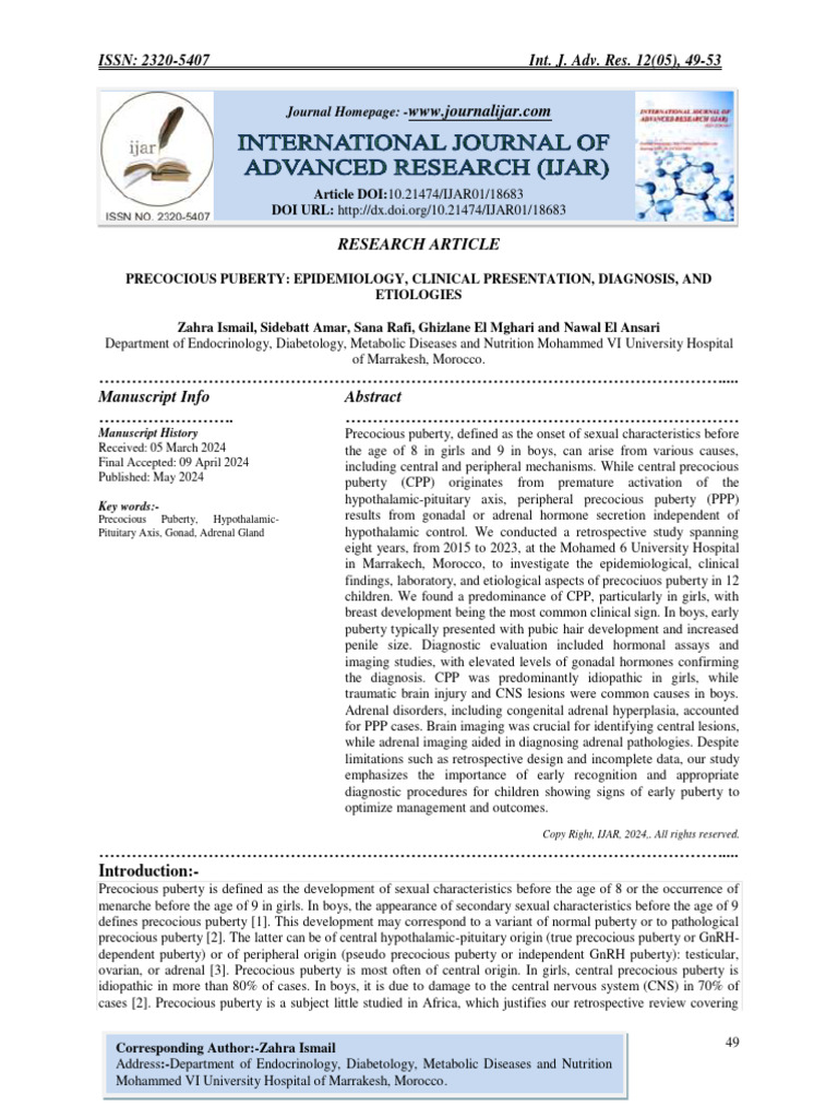 Precocious Puberty Epidemiology Clinical Presentation Diagnosis And