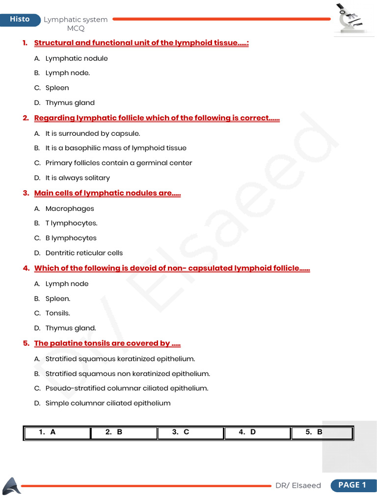 Lymphatic System MCQ | Download Free PDF | Lymph Node | Lymphatic System